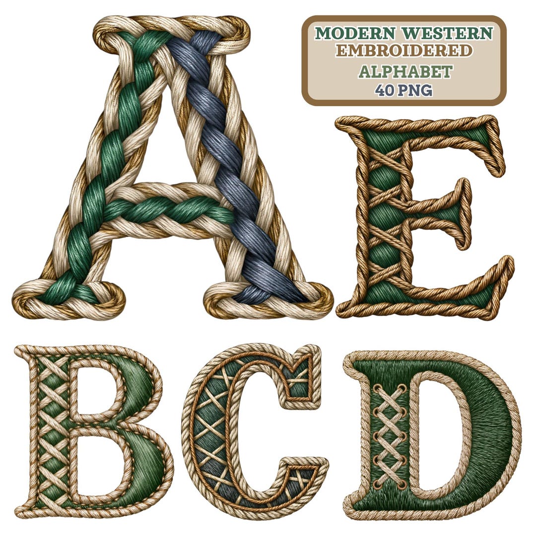 Modern Western Embroidered Alphabet PNG | Rope Stitch Letters 0–9 ...