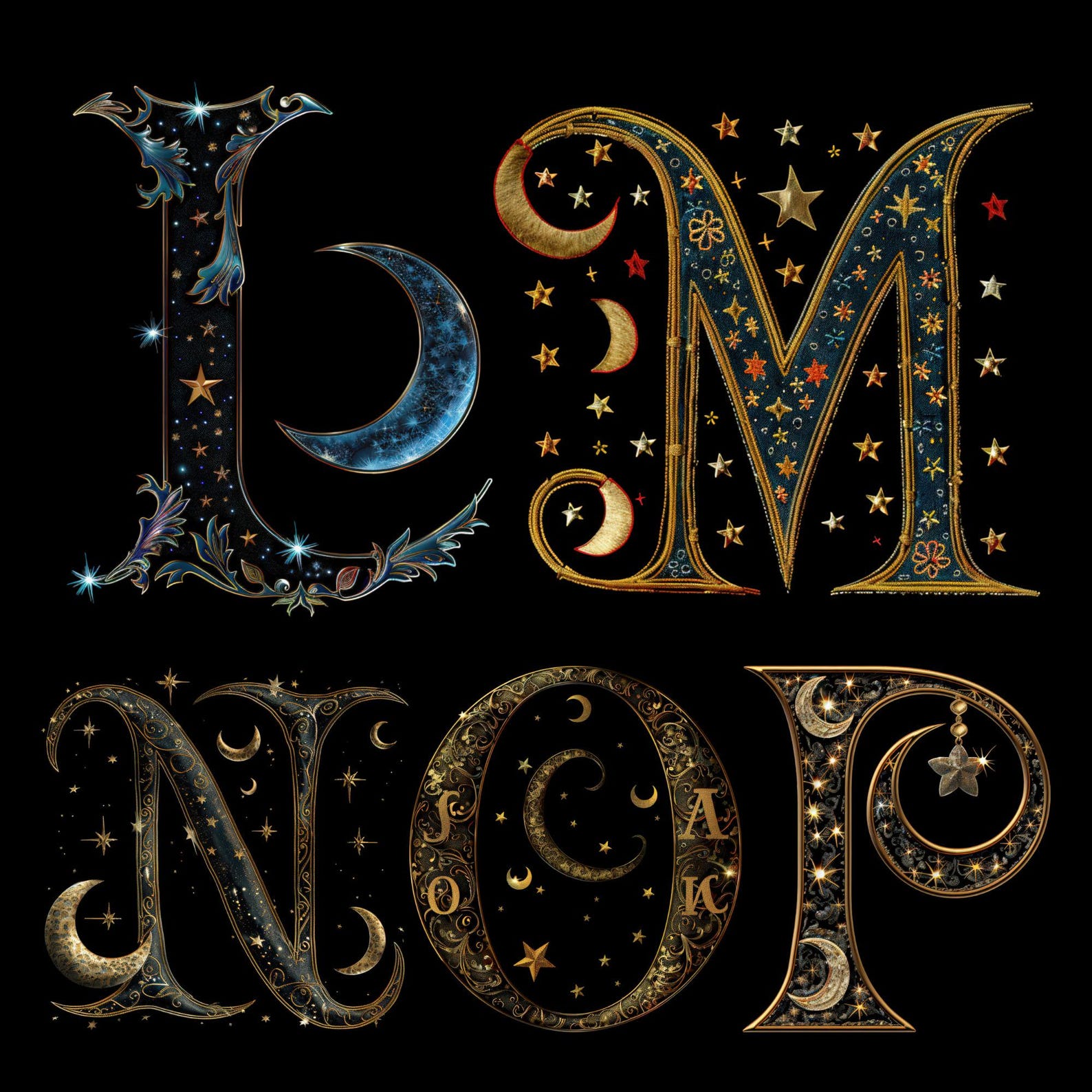 Celestial Moons & Stars Alphabet PNG: Cosmic Letter Clipart (digital ...