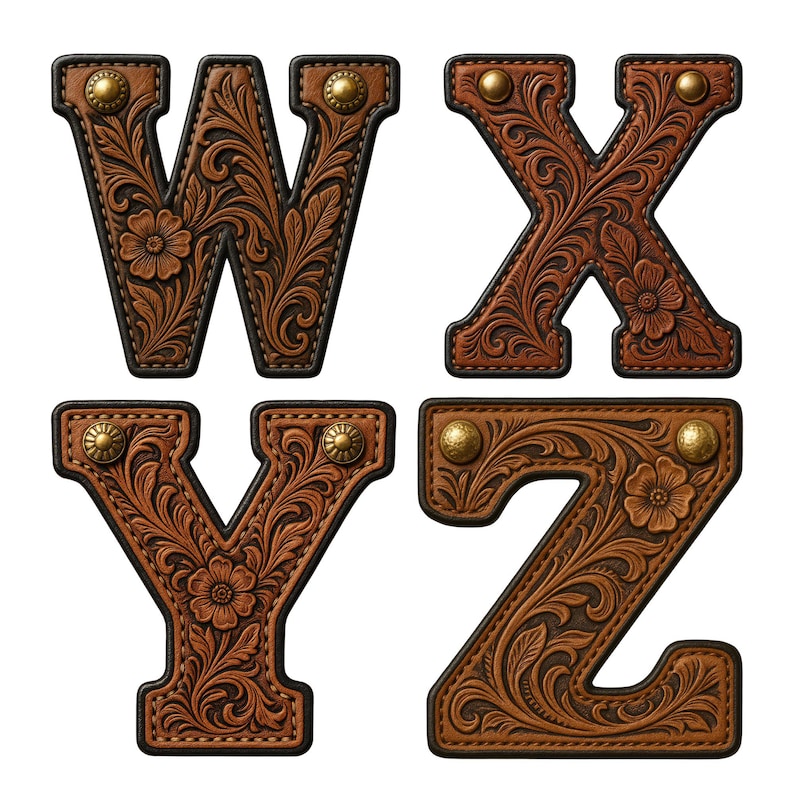 Tan Genuine Leather Alphabet PNG | Western Tooled Letters A–Z 0–9 ...