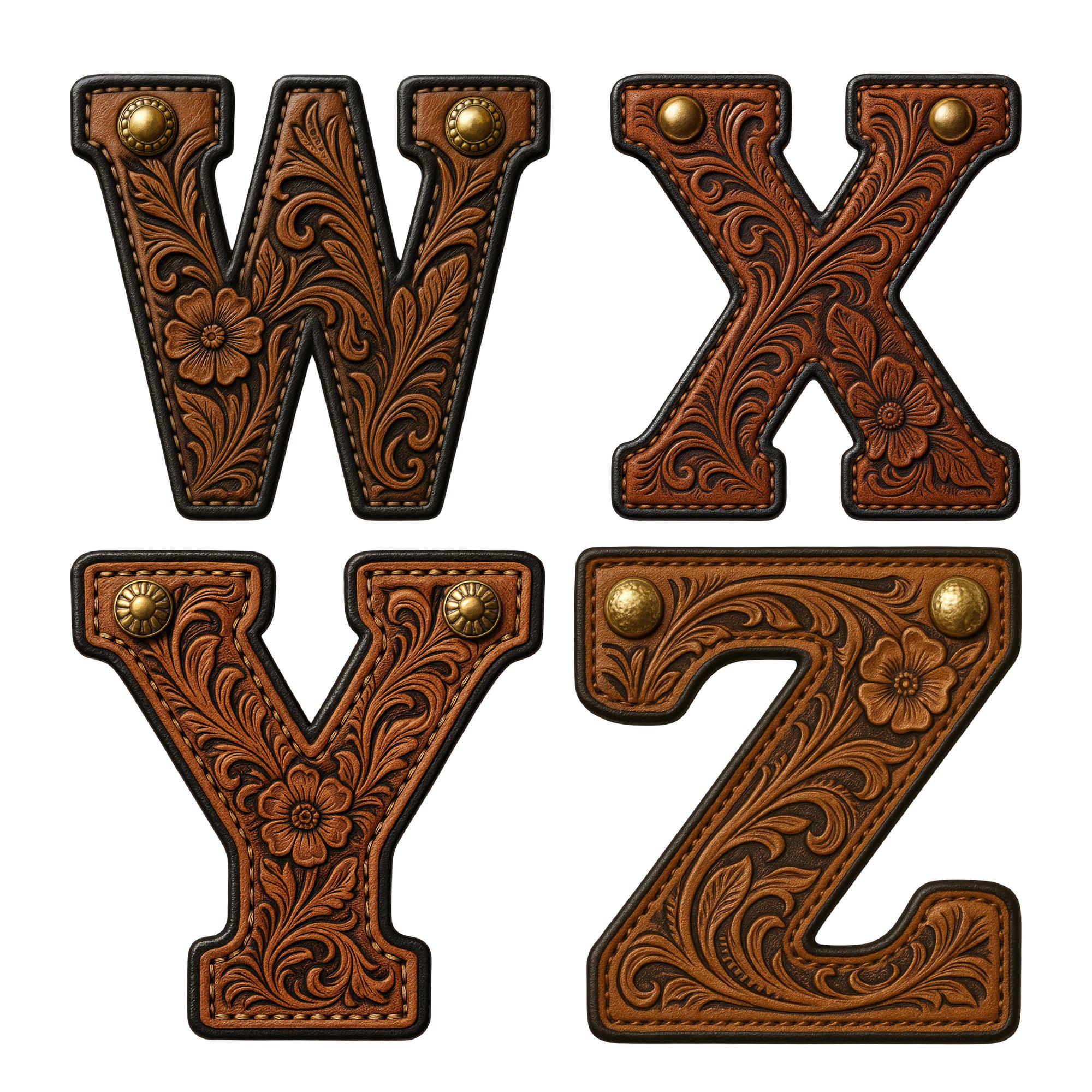 Tan Genuine Leather Alphabet PNG | Western Tooled Letters A–Z 0–9 ...