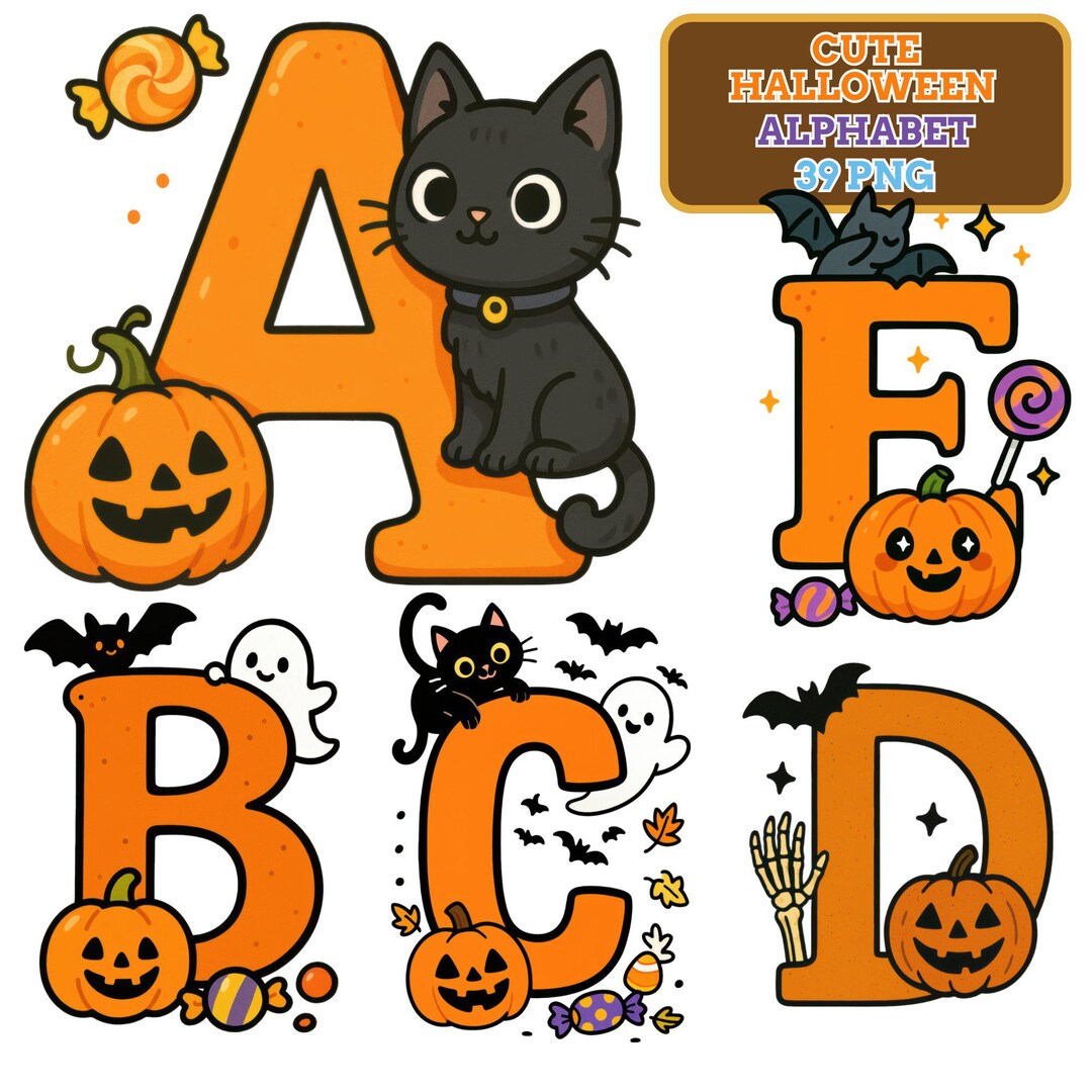 Cute Halloween Alphabet PNG Clipart, Kawaii Pumpkin Ghost Cat Letters ...