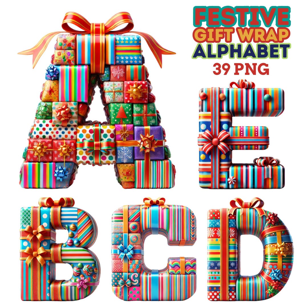 Festive Gift Wrap Alphabet Clipart Bundle – Colorful Wrapped, Christmas ...
