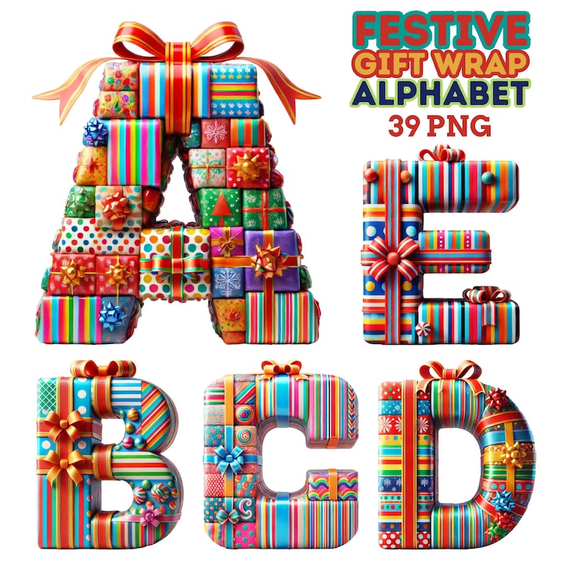 Festive Gift Wrap Alphabet Clipart Bundle – Colorful Wrapped, Christmas ...