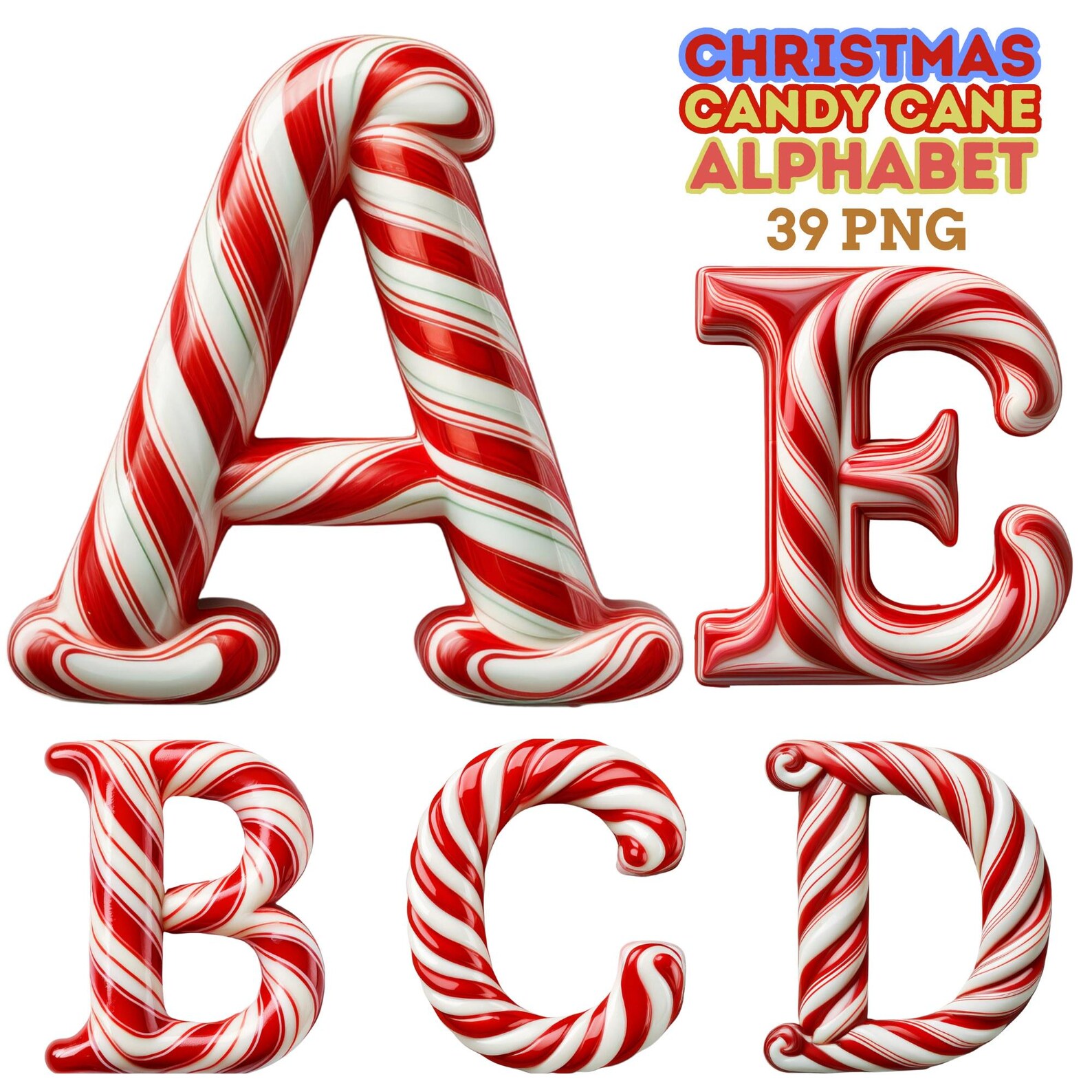 Candy Cane Alphabet Clipart: Festive Christmas PNG Set (digital ...