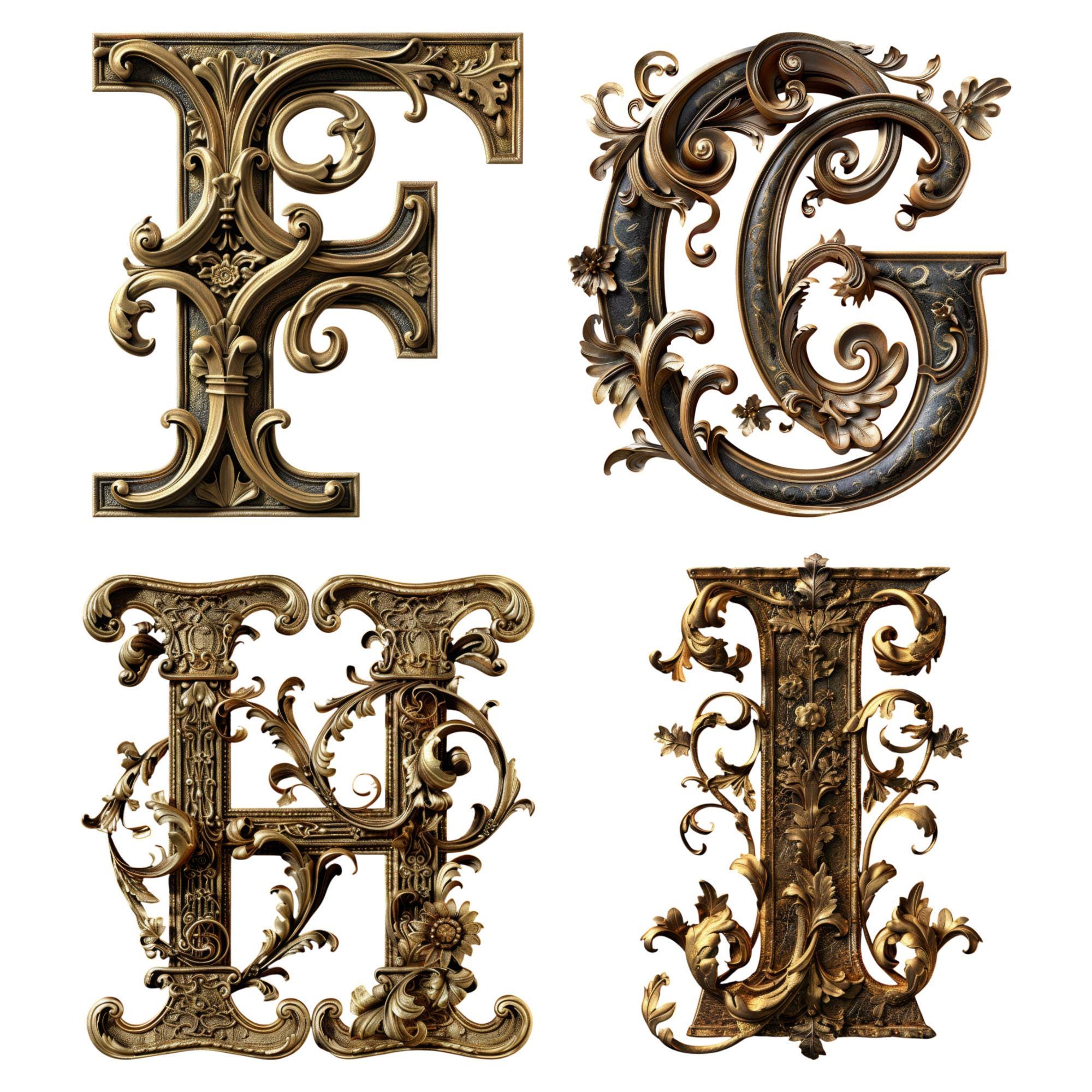 Victorian Baroque Alphabet PNG: Antique Gold Flourish Font (digital ...