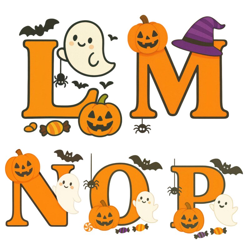 Clipart Alphabet Halloween Kawaii PNG : citrouille, fantôme, lettres de ...