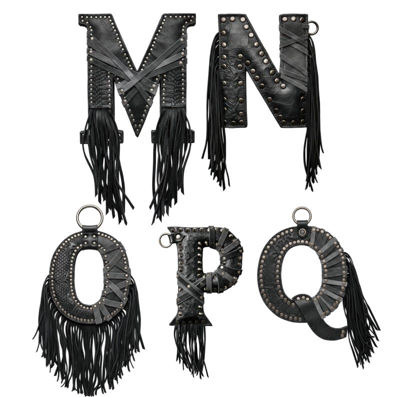 Outlaw Boho Alphabet PNG, Black Leather Fringe Letters, Studded Rocker ...