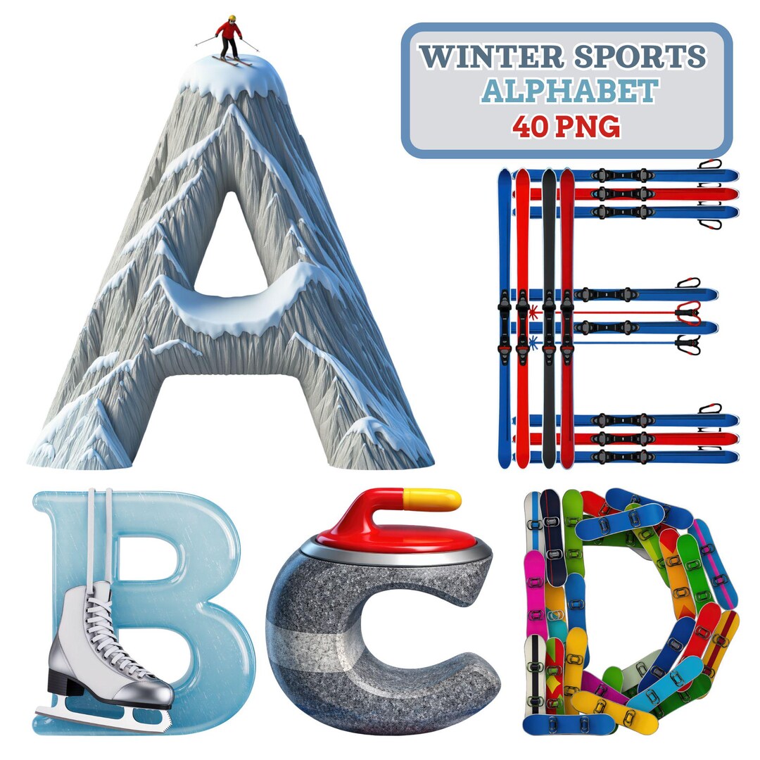 Winter Sports Alphabet Clipart | Ski, Skate, Snowboard Letters (40 PNG ...