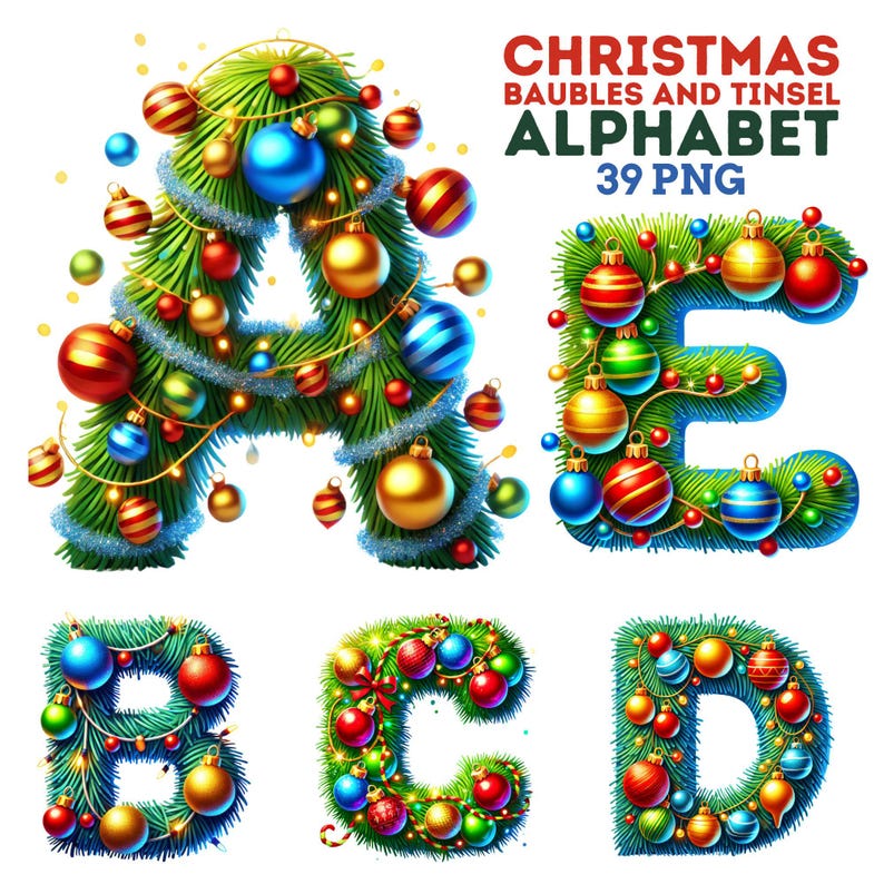 Christmas Baubles and Tinsel Alphabet Clipart, 39 Festive PNG Letters ...