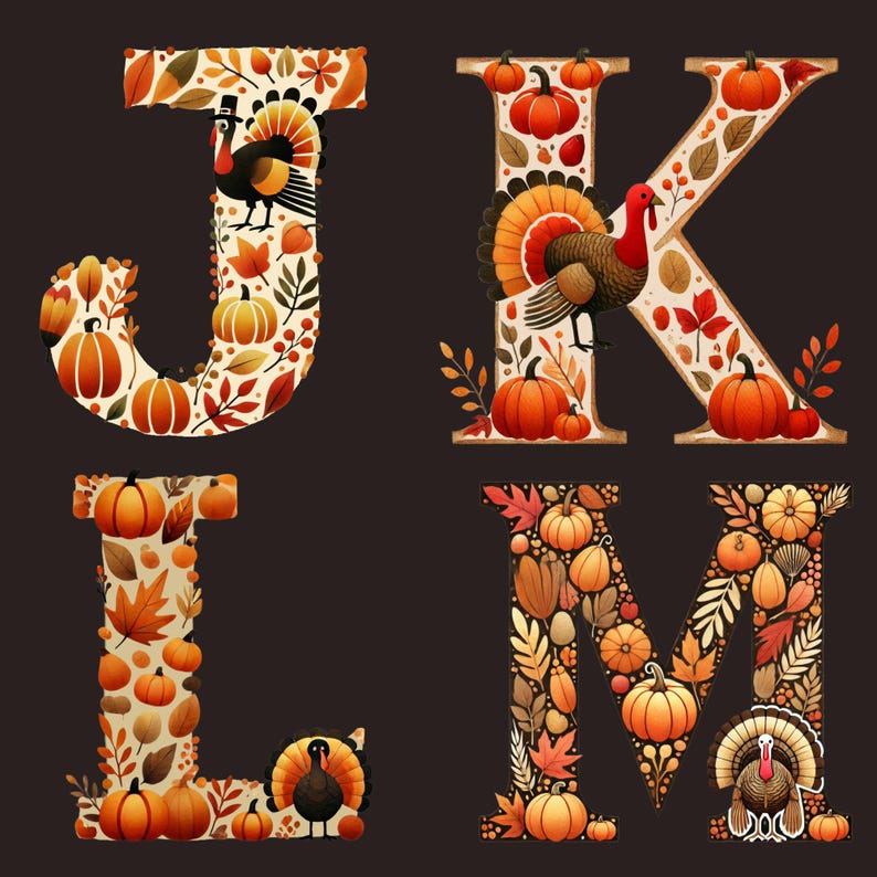 Thanksgiving Watercolor Alphabet Clipart: Pumpkin Turkey Letters ...