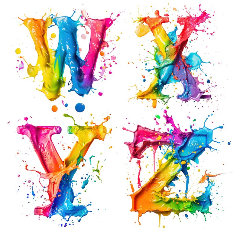 Rainbow Paint Splash Alphabet PNG Bundle: Sublimation Letters & Numbers ...
