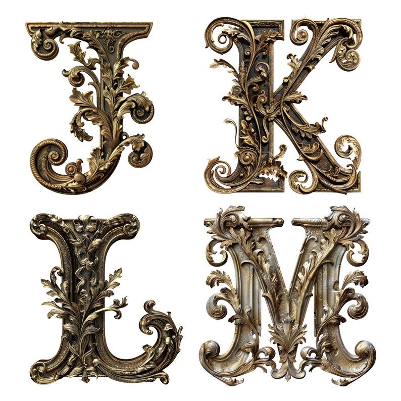 Victorian Baroque Alphabet PNG: Antique Gold Flourish Font (digital ...