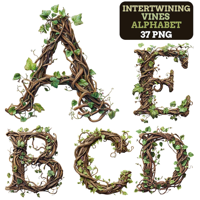 Intertwining Vines Alphabet PNG Letters Nature Font Green Botanical ...