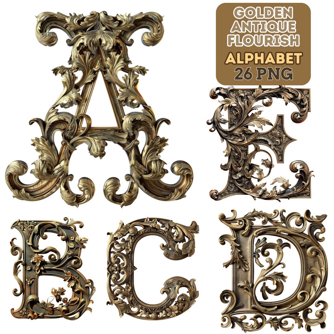 Victorian Baroque Alphabet PNG: Antique Gold Flourish Font (digital ...