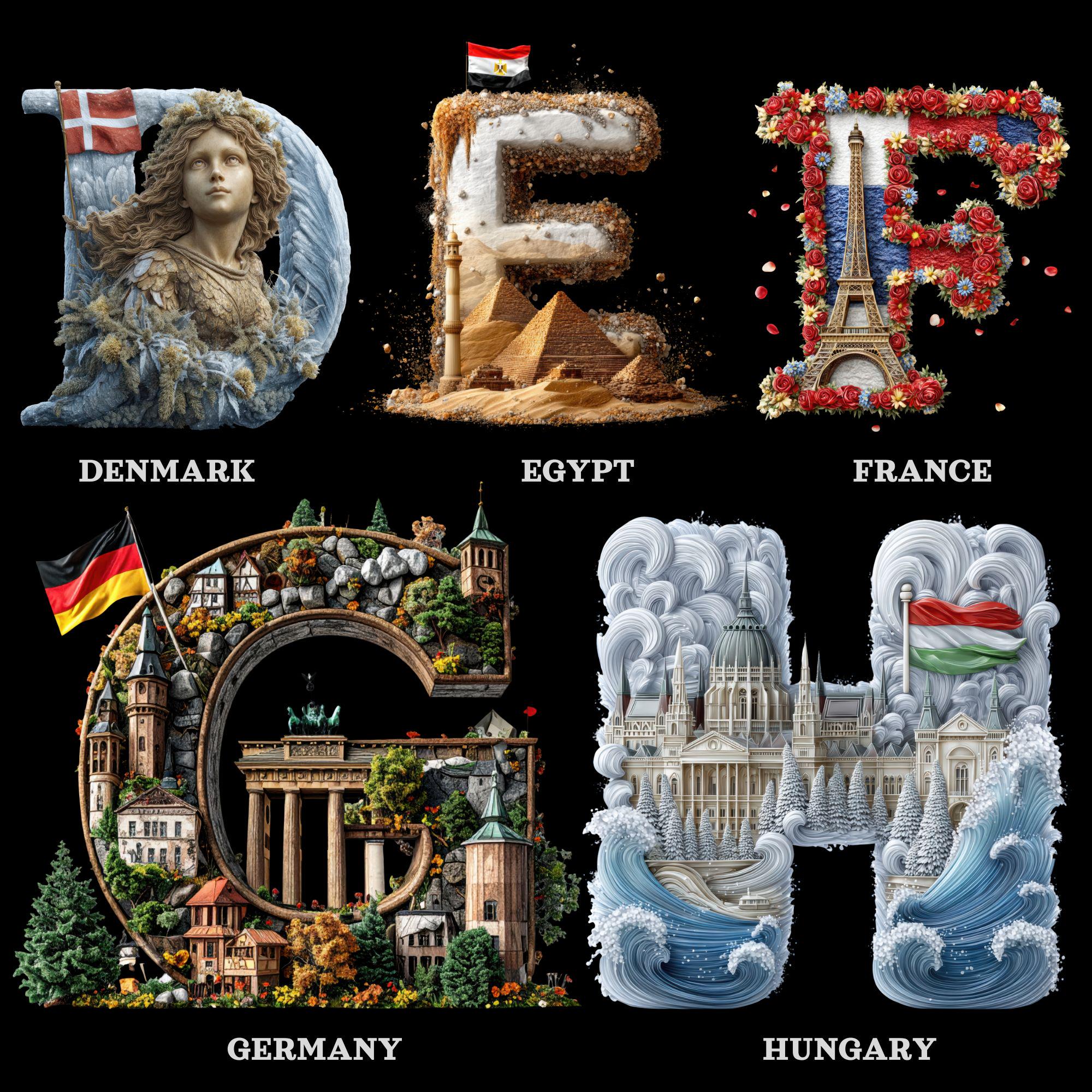 Travel Alphabet Clipart PNG – Iconic Countries 3D Letters (digital ...