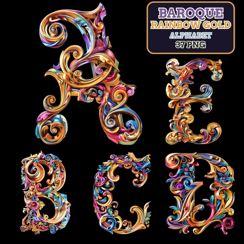 Baroque Rainbow Gold Alphabet PNG, Ornate Swirl Letters Numbers Clipart ...