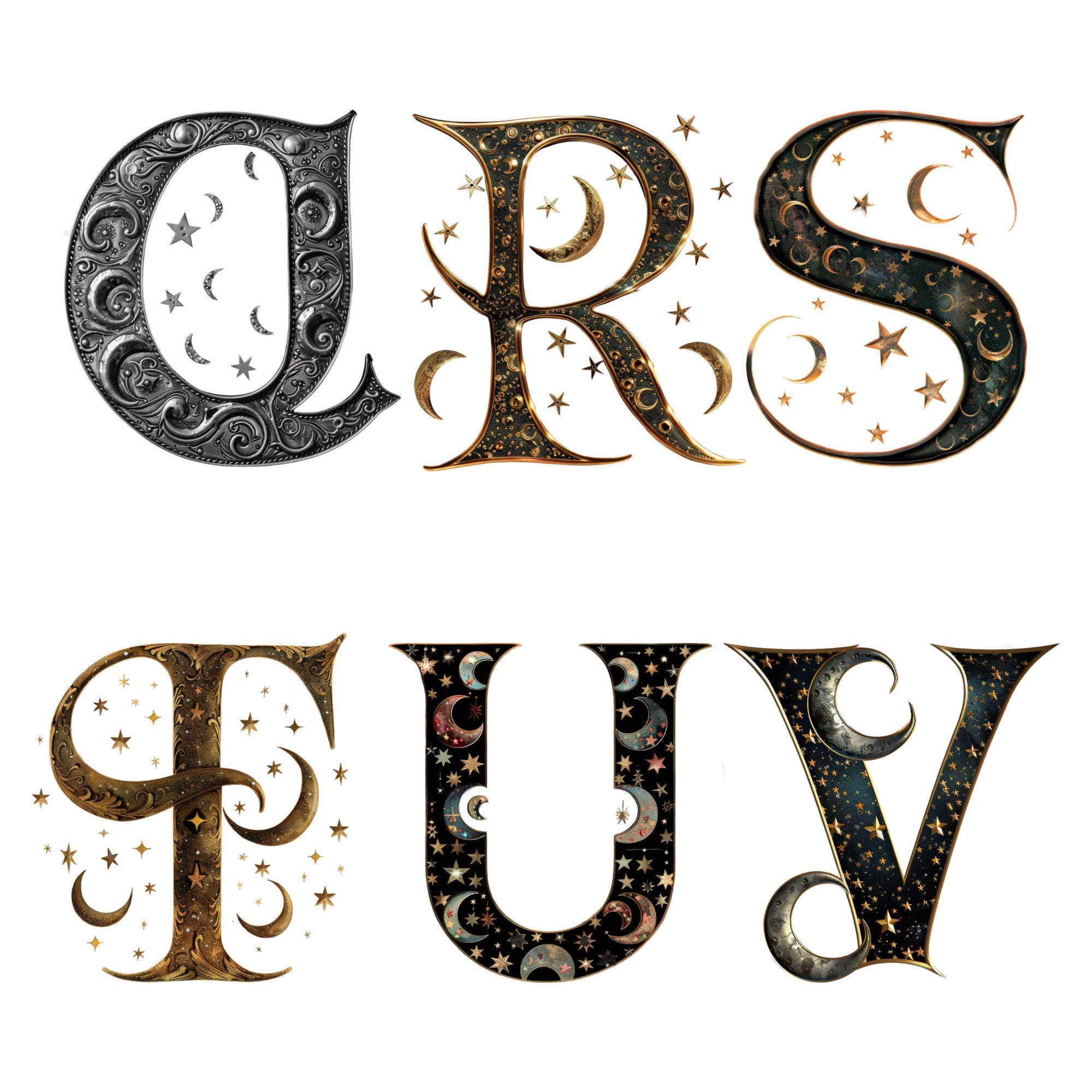 Celestial Moons & Stars Alphabet PNG: Cosmic Letter Clipart (digital ...