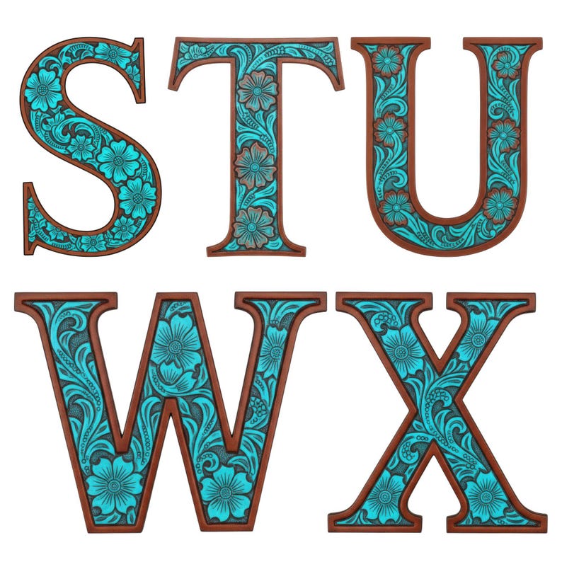 Turquoise Tooled Leather Alphabet PNG | Western Letters A–Z 0–9 ...
