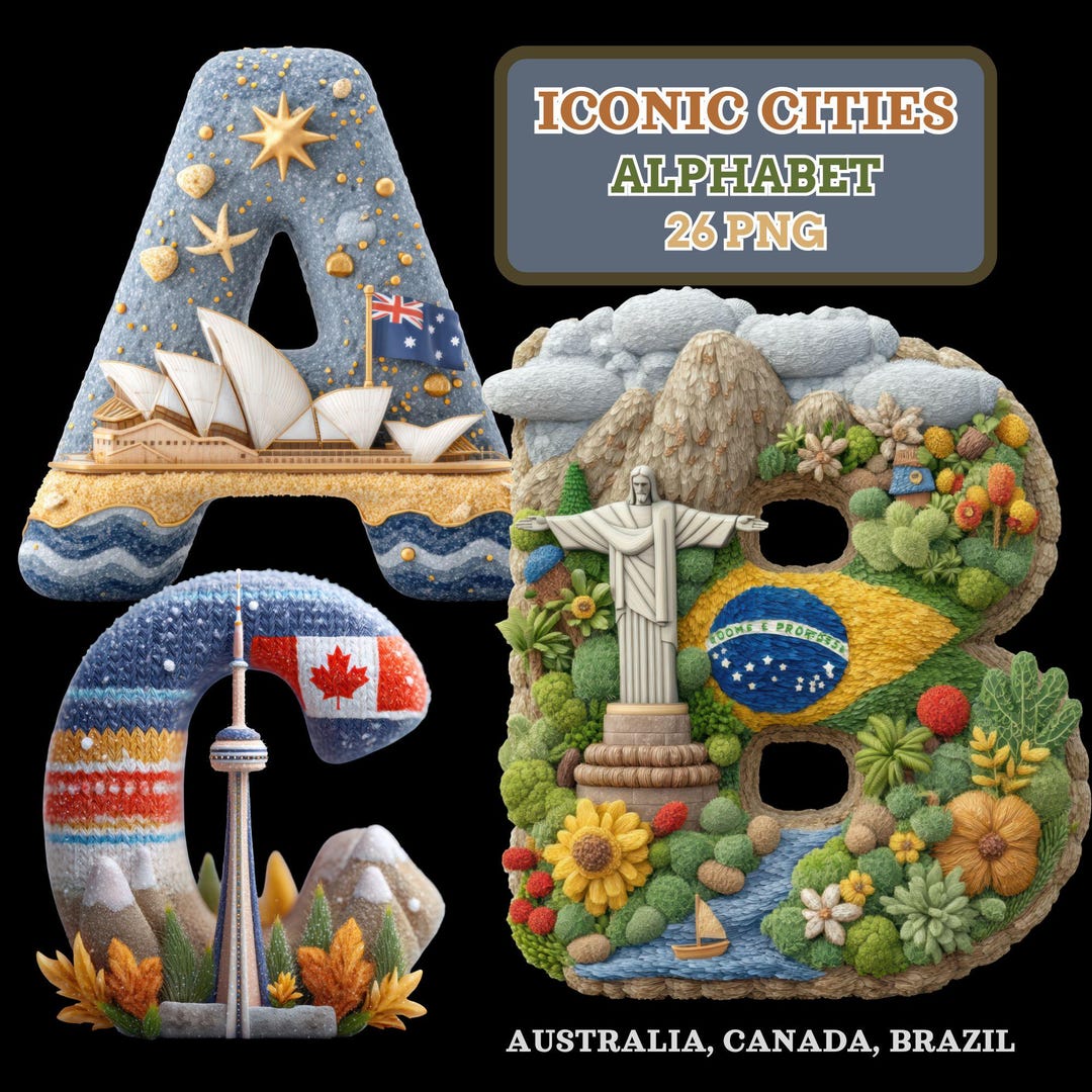 Travel Alphabet Clipart PNG – Iconic Countries 3D Letters (digital ...