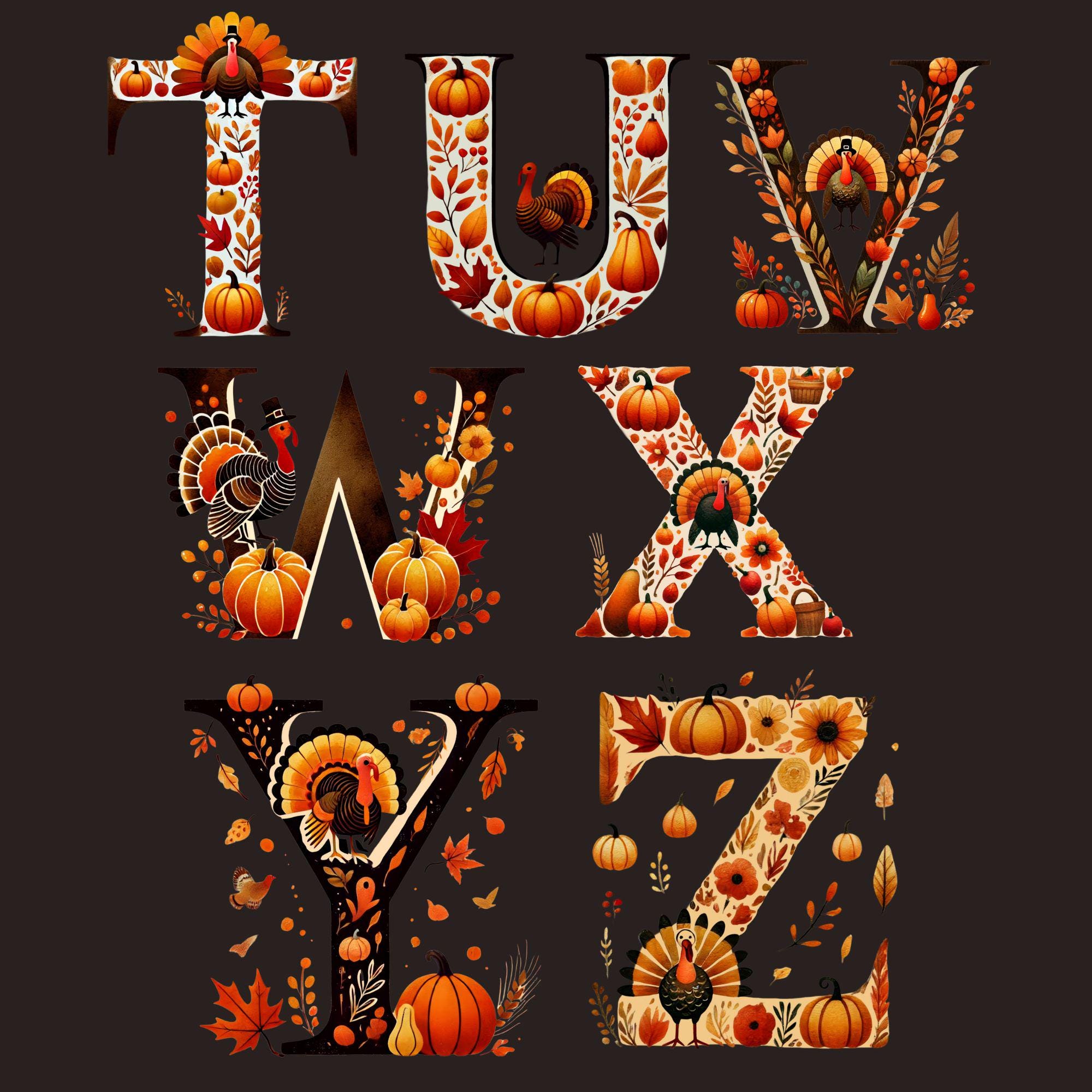 Thanksgiving Watercolor Alphabet Clipart: Pumpkin Turkey Letters ...