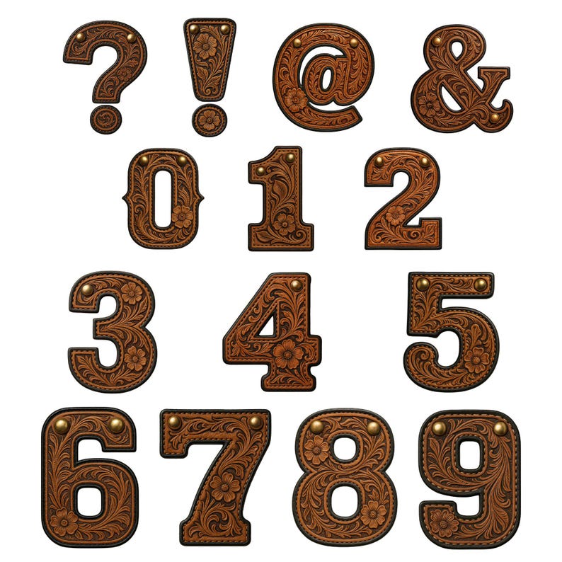 Tan Genuine Leather Alphabet PNG | Western Tooled Letters A–Z 0–9 ...