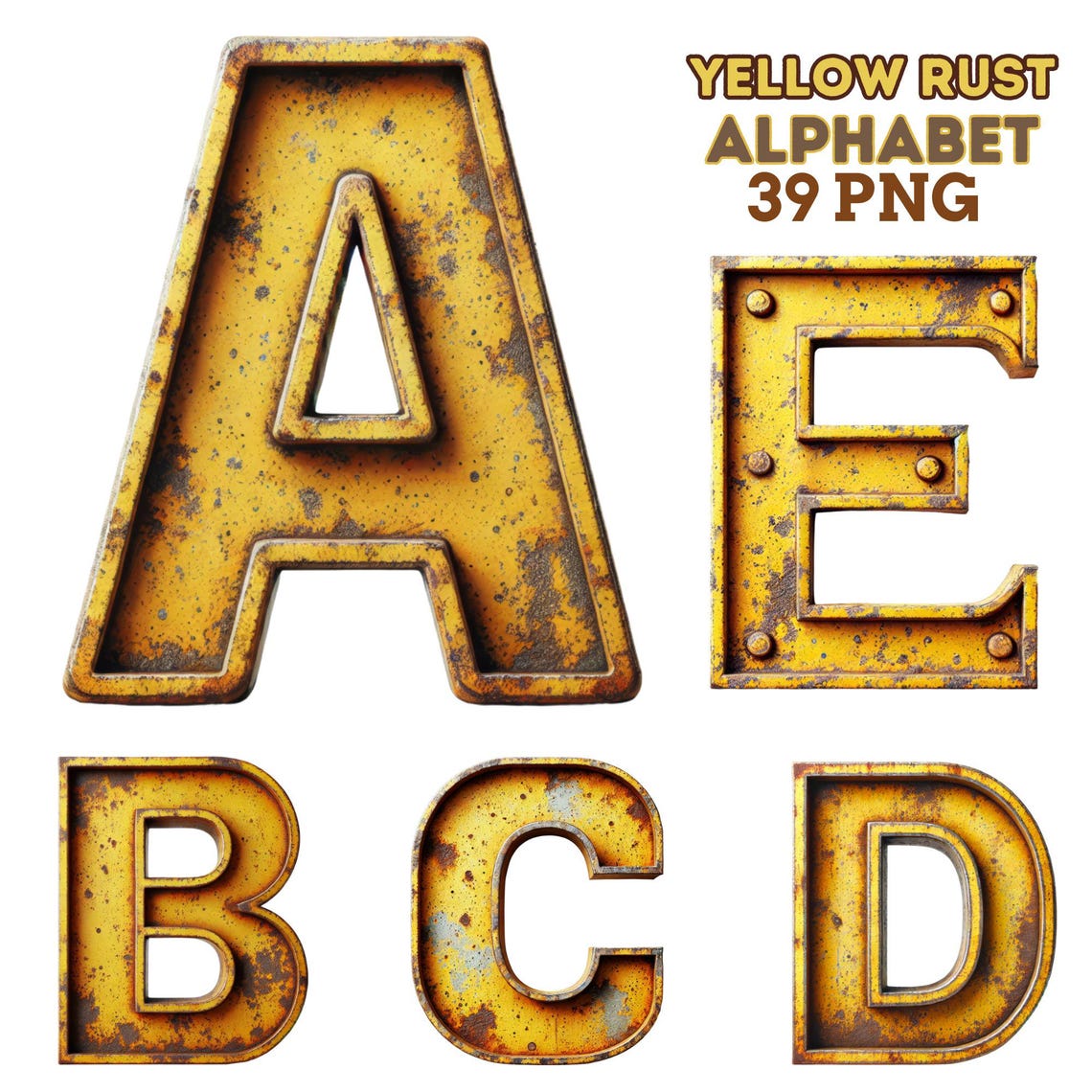 Yellow Rust Alphabet PNG Set, 39 Grunge Industrial Letters and Numbers ...