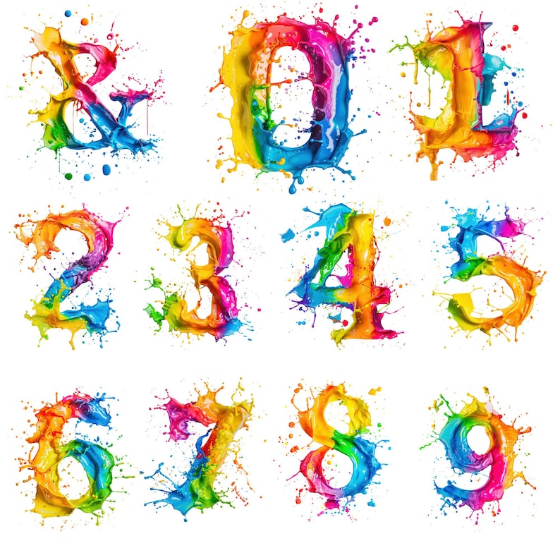 Rainbow Paint Splash Alphabet PNG Bundle: Sublimation Letters & Numbers ...