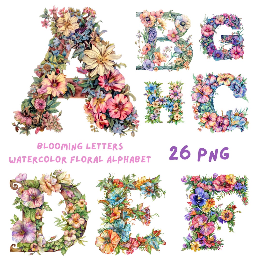 Blooming Letters Watercolor Floral Alphabet 26 PNG Digital Download ...