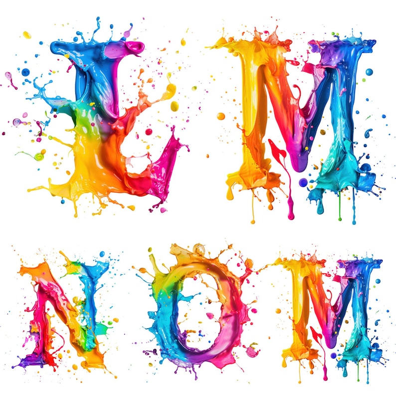 Rainbow Paint Splash Alphabet PNG Bundle: Sublimation Letters & Numbers ...