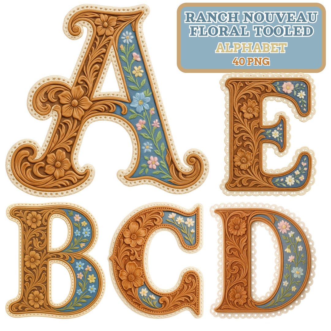 Ranch Nouveau Tooled Leather Alphabet PNG | Western Floral Letters ...