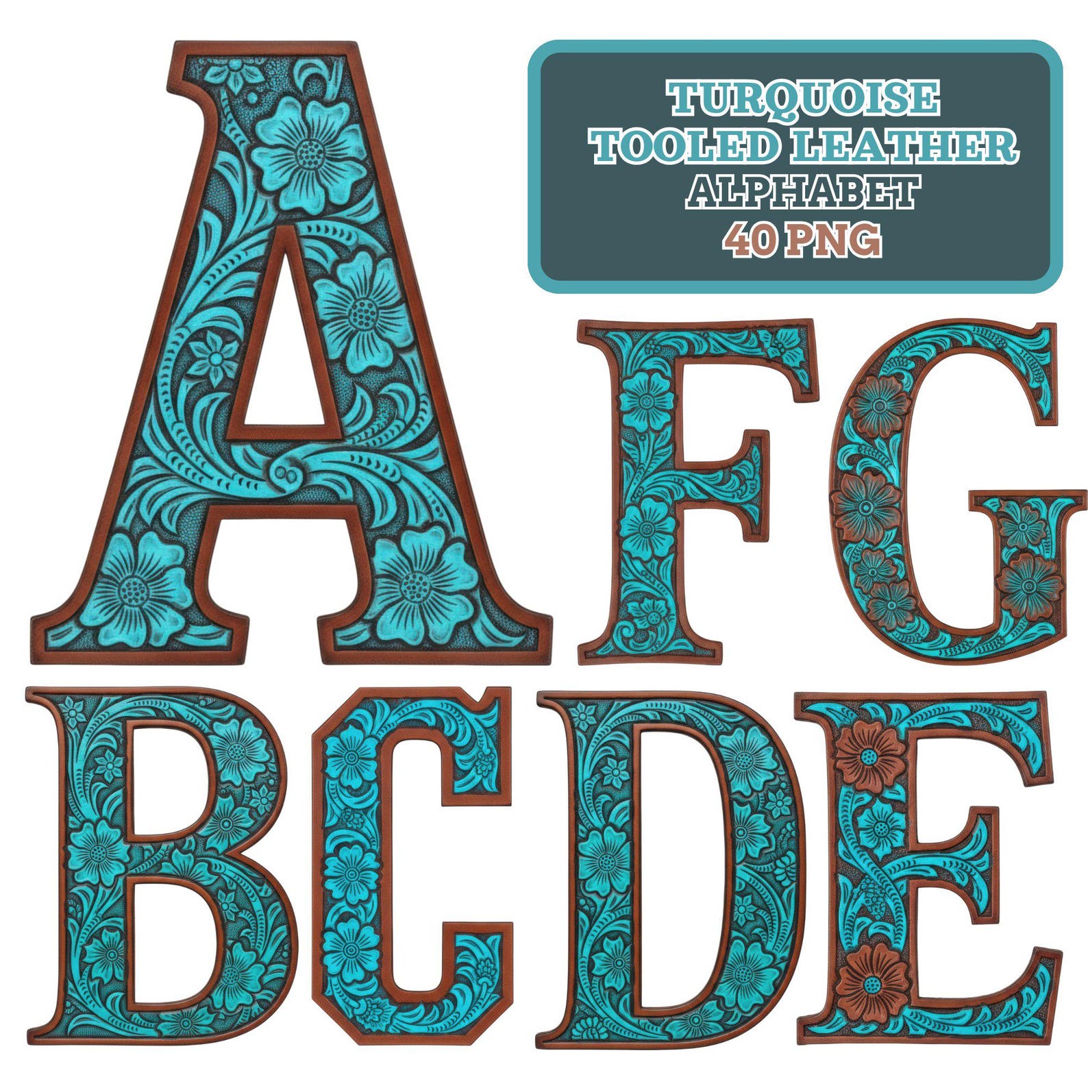 Turquoise Tooled Leather Alphabet PNG | Western Letters A–Z 0–9 ...