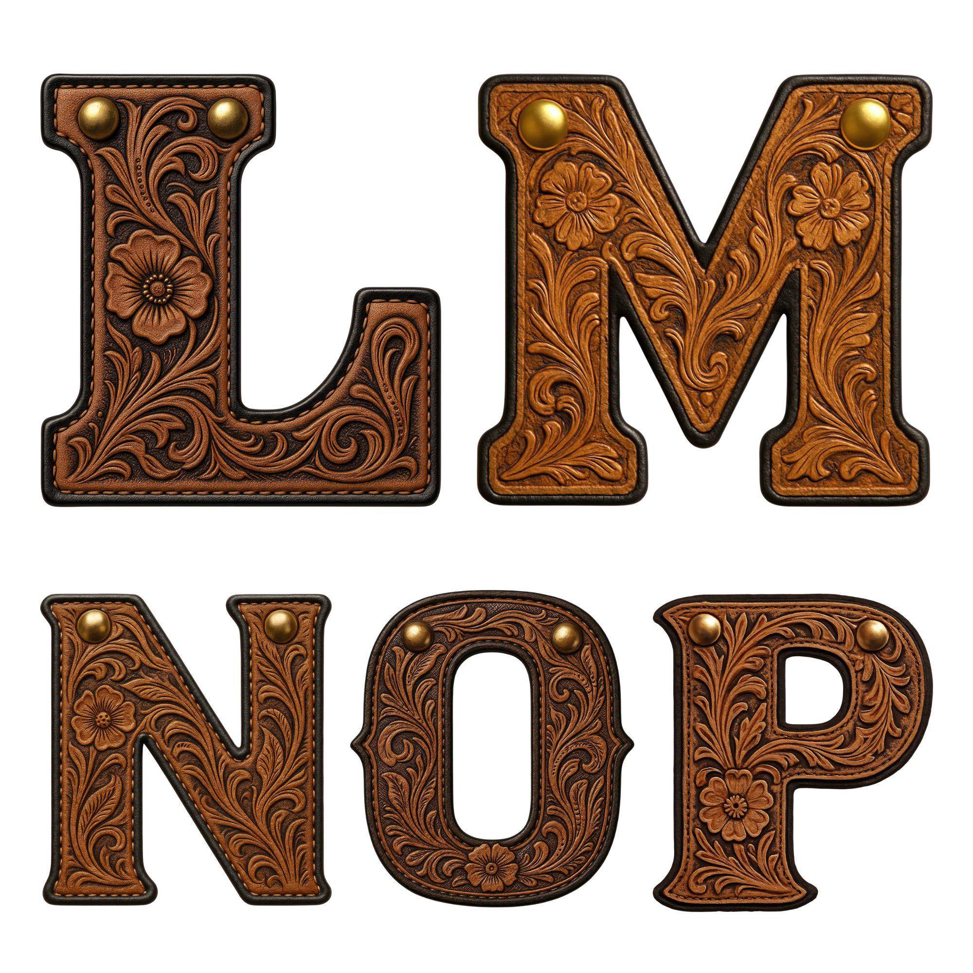 Tan Genuine Leather Alphabet PNG | Western Tooled Letters A–Z 0–9 ...
