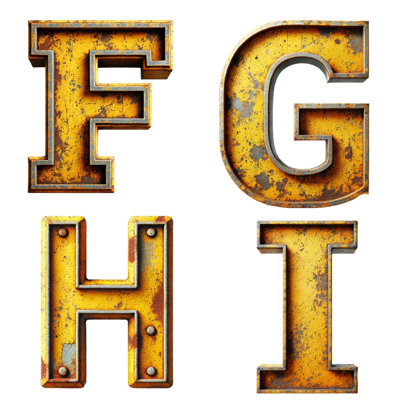 Yellow Rust Alphabet PNG Set, 39 Grunge Industrial Letters and Numbers ...