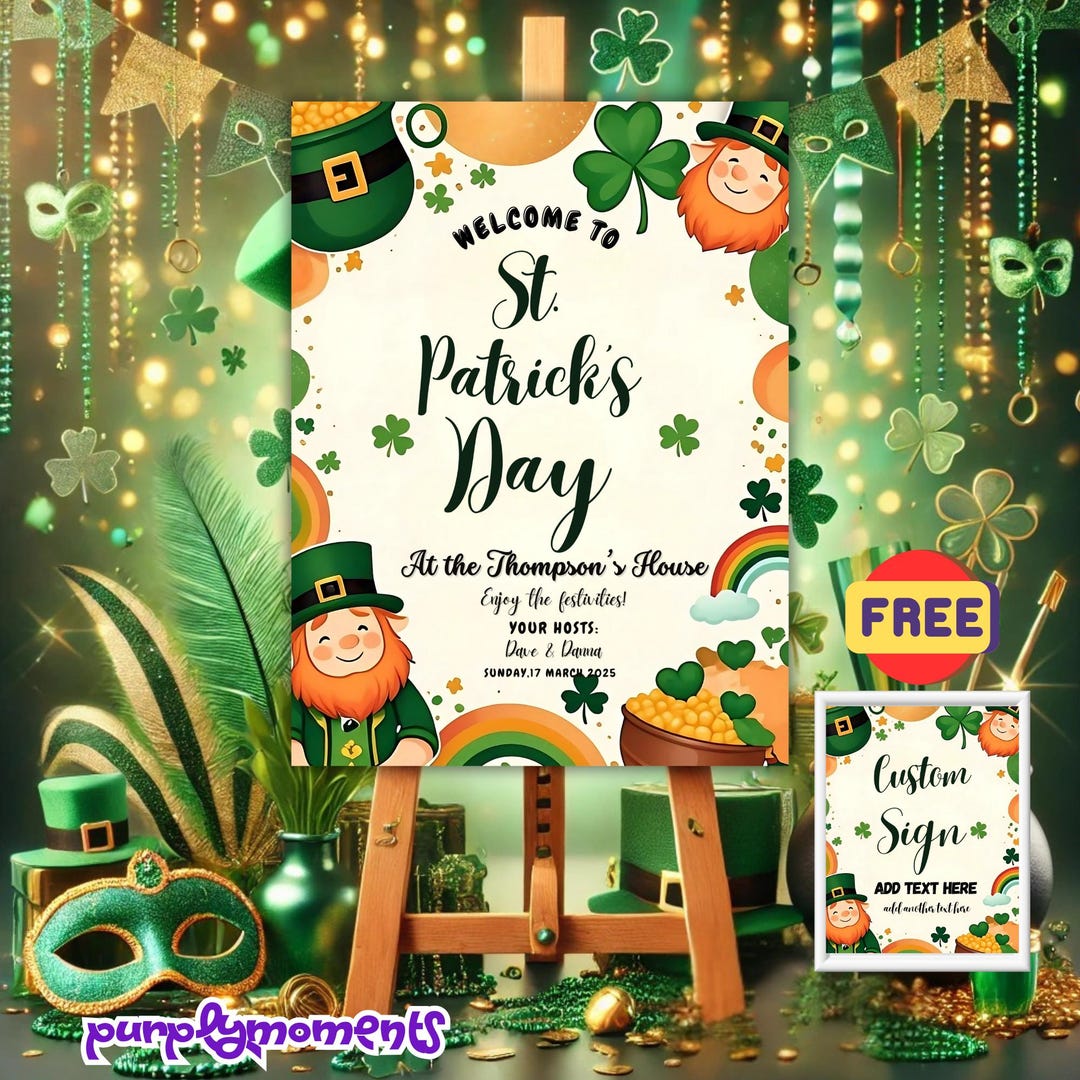 St Patricks Day Welcome Sign Personalized Leprechaun Rainbow Party ...