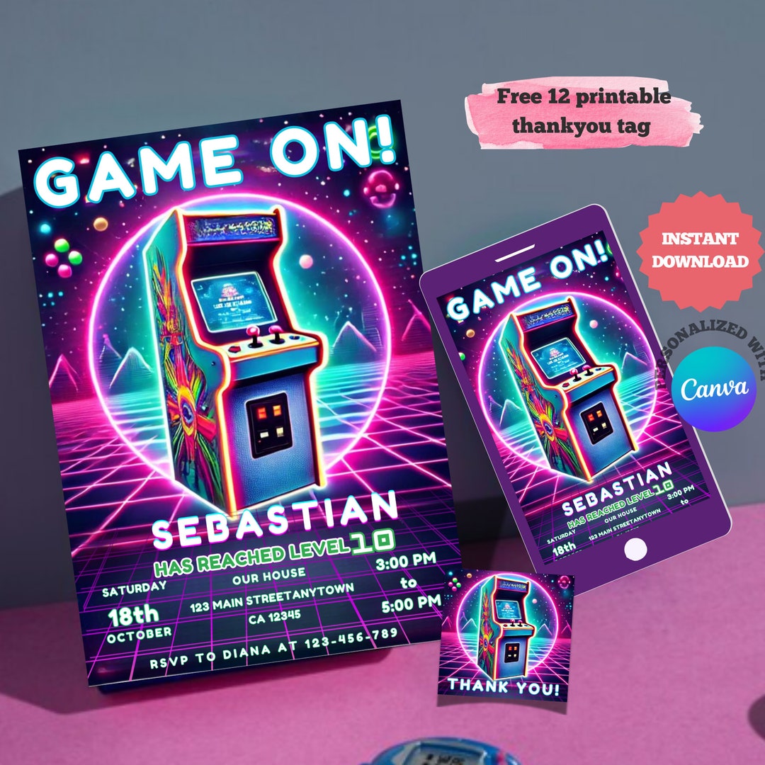 Editable Arcade Birthday Party Invitations Minimalist Neon Boy Game ...
