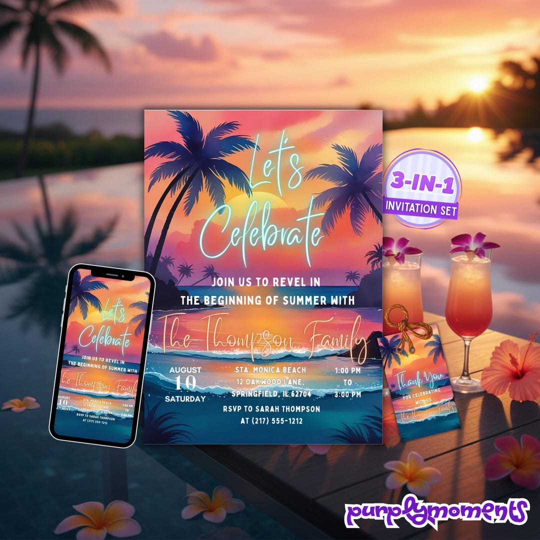 Summer Party Invitation Tropical Sunset Theme Editable Digital Download ...