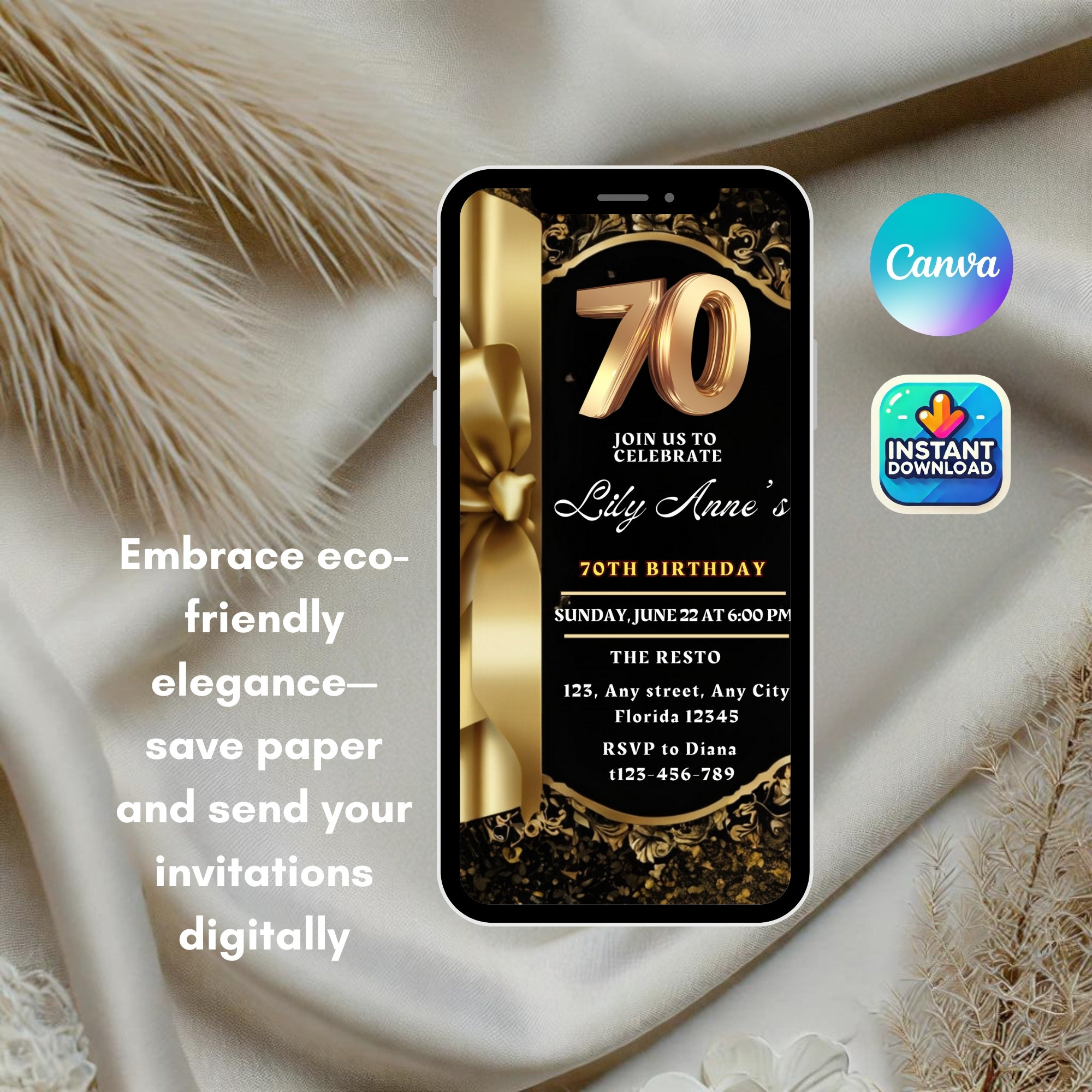 Black and Gold 70th Birthday Invitation: Elegant Glitter Evite (digital ...