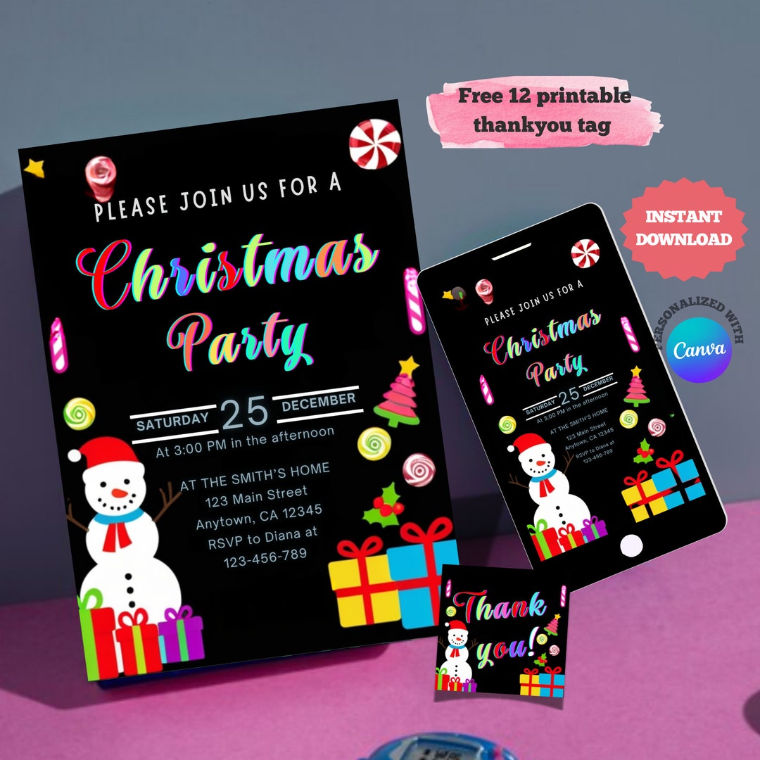 Editable Neon Christmas Party Invitation Template Digital Glow Neon ...