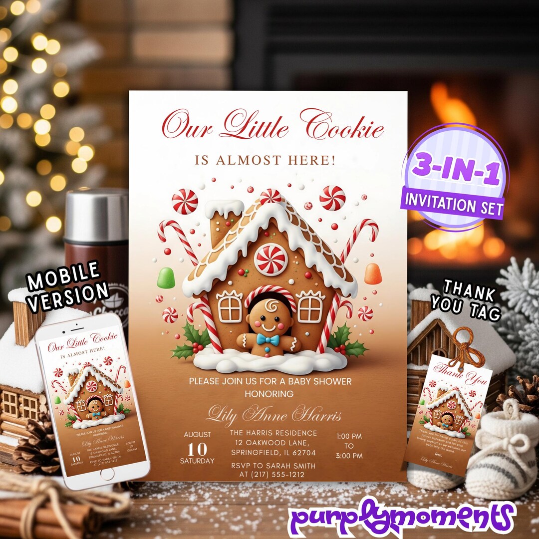 Gingerbread Baby Shower Invitation Set, Candy Cane Theme (digital ...
