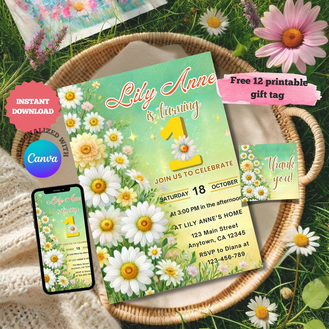 Daisy Birthday Invitation First Birthday Girl Invitation Retro Daisy ...
