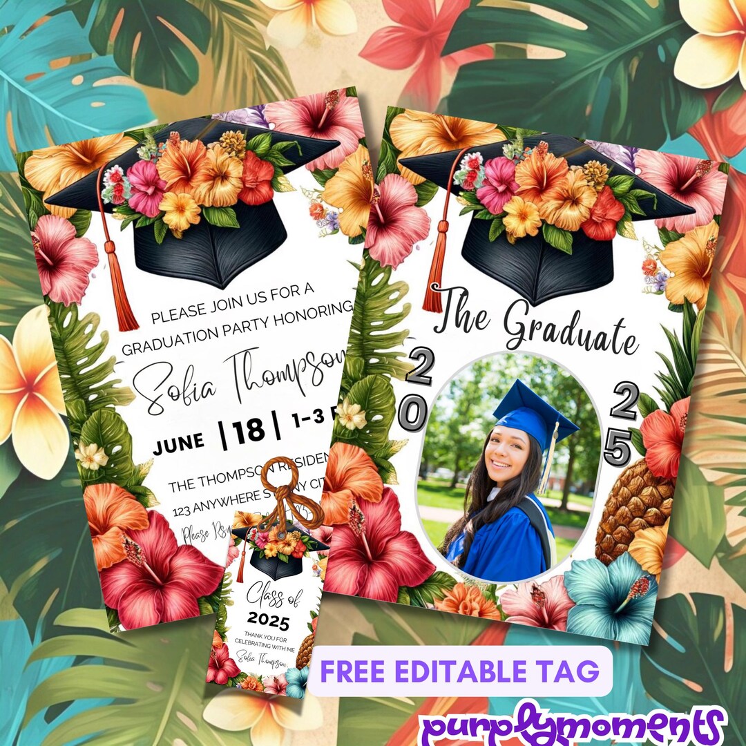 Tropical Luau Graduation Invitation: Editable Floral 2025 Grad Invite ...