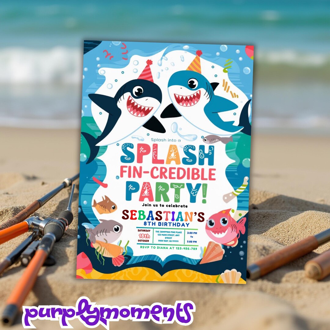 Shark Birthday Party Invitation - Splash Fin-credible Theme | Editable ...