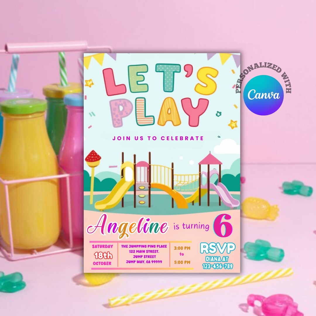Editable Playground Birthday Party Invitation Girl Let's Play Jungle ...