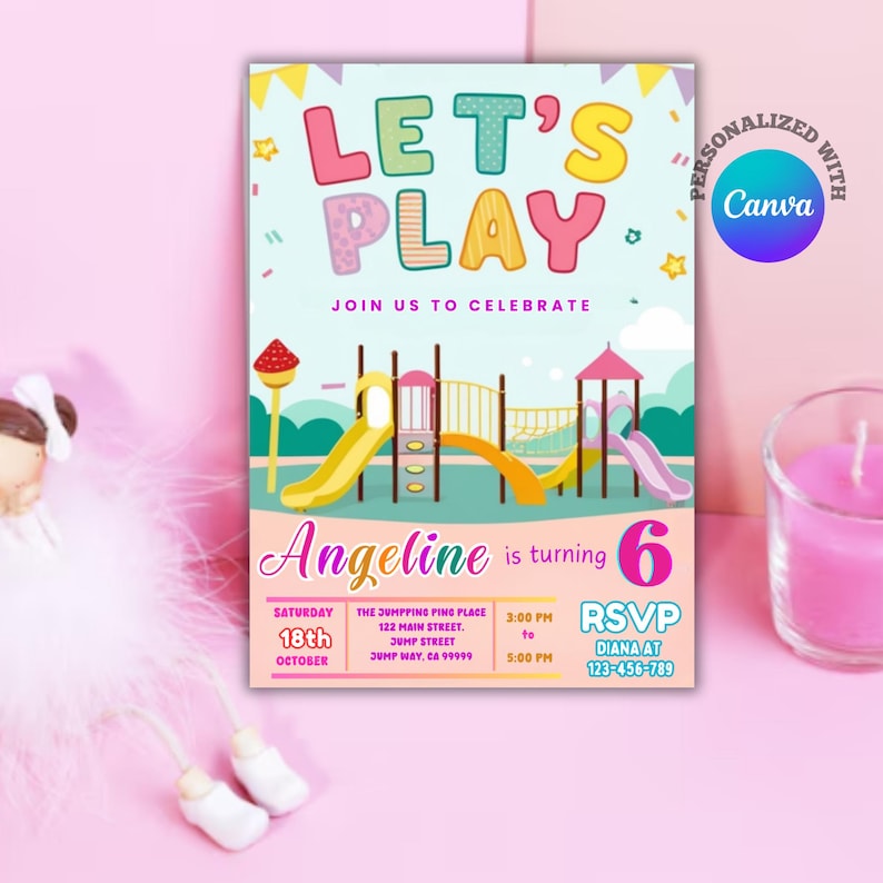 Editable Playground Birthday Party Invitation Girl Let's Play Jungle ...