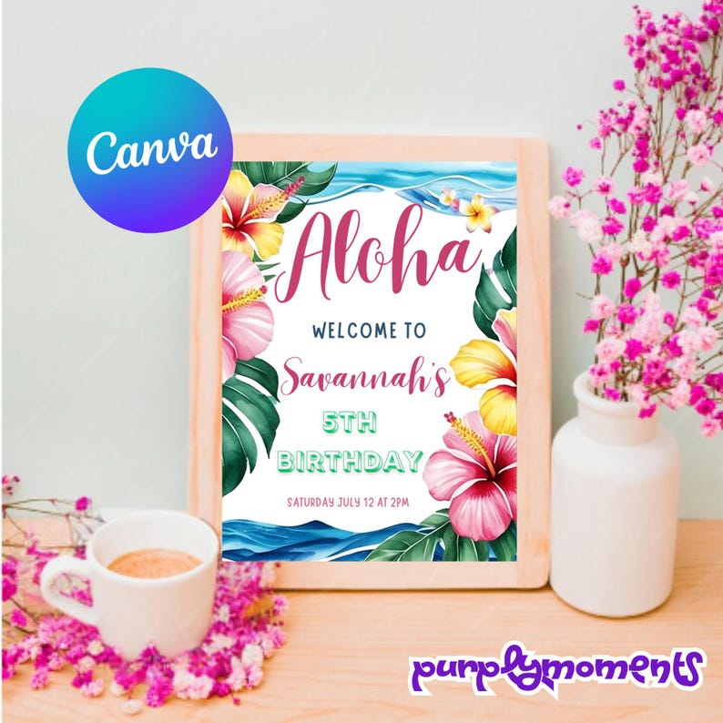 Hawaiian Luau Birthday Party Welcome Sign Tropical Aloha Theme Custom ...