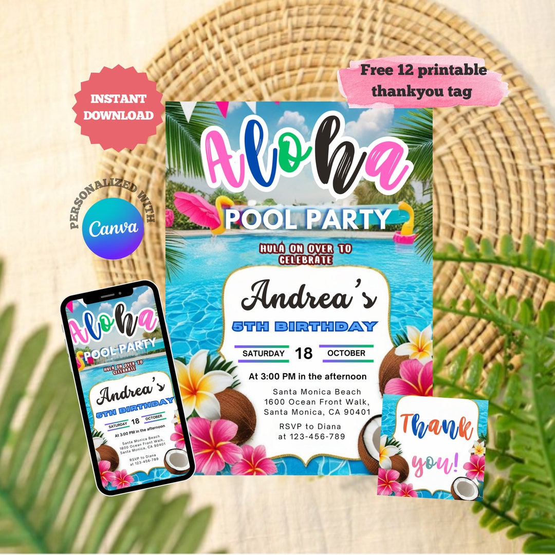 Editable Aloha Pool Party Invitation Template, Hawaiian Birthday Invite ...