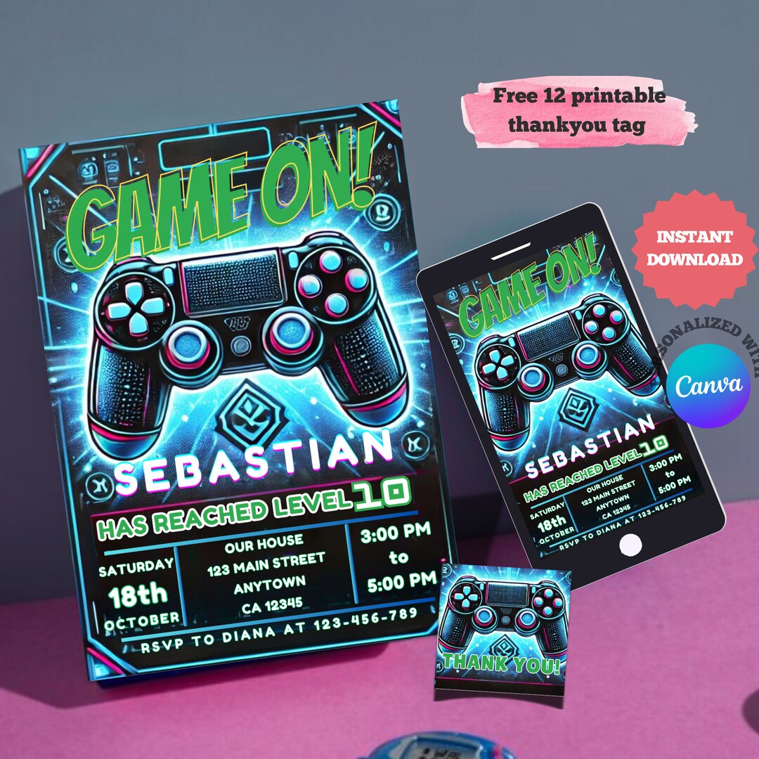 Neon Gaming Birthday Invitation | Video Game Party Template | PS ...