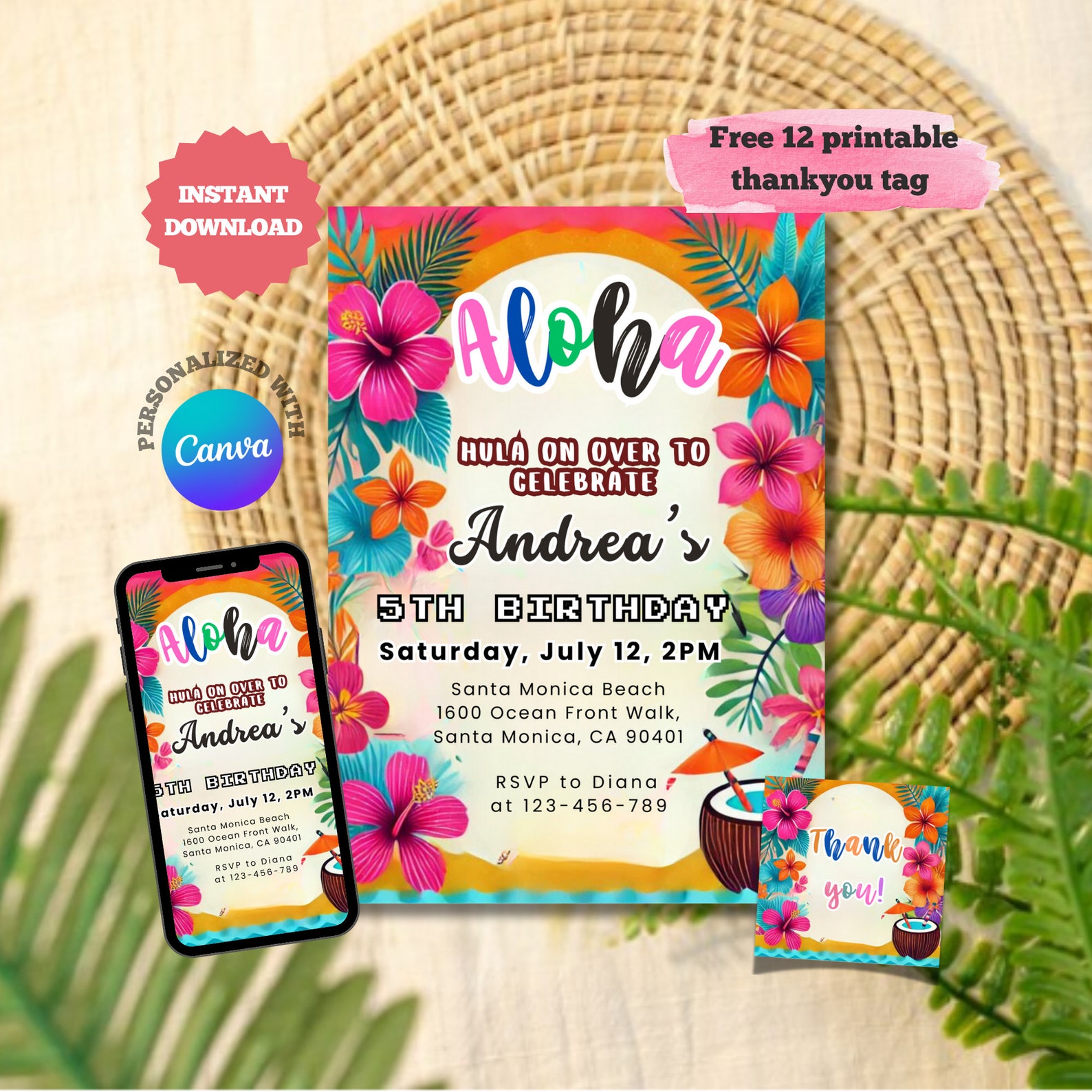 Editable Hawaiian Birthday Party Invitation Aloha Birthday Invitation ...