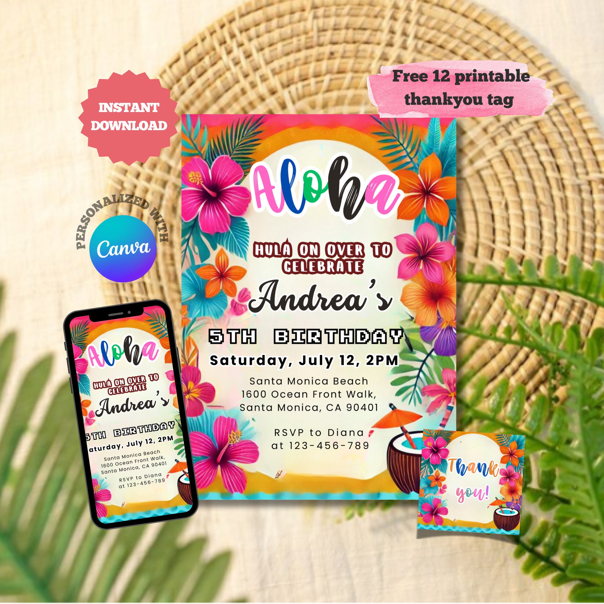 Editable Hawaiian Birthday Party Invitation Aloha Birthday Invitation ...
