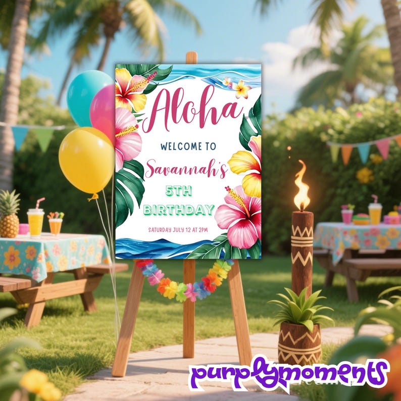 Hawaiian Luau Birthday Party Welcome Sign Tropical Aloha Theme Custom ...